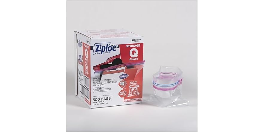 Ziploc Double Zipper Storage Bags, Quart, 500 Bags/Carton