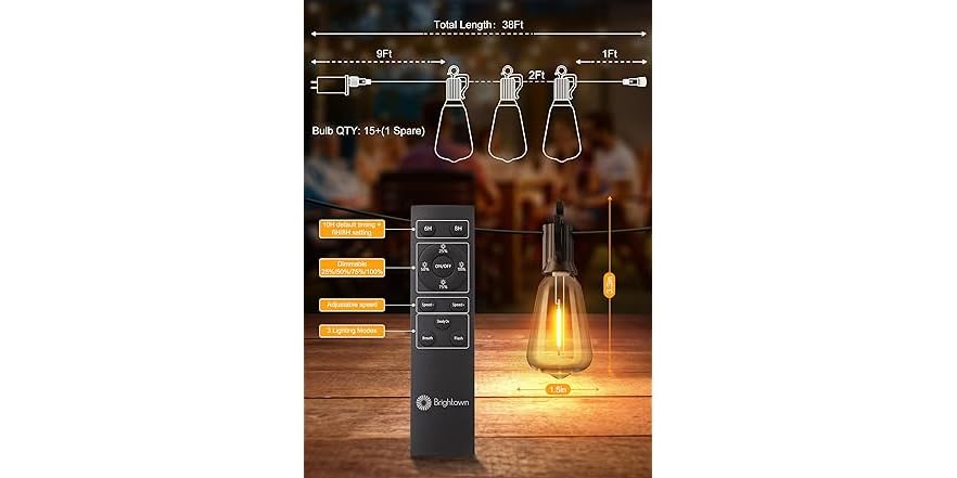 Brightown Outdoor String Lights with Remote, 38FT