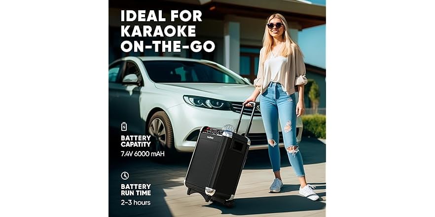 MASINGO X1 Karaoke Machine w/ 2 Wireless BT Microphones