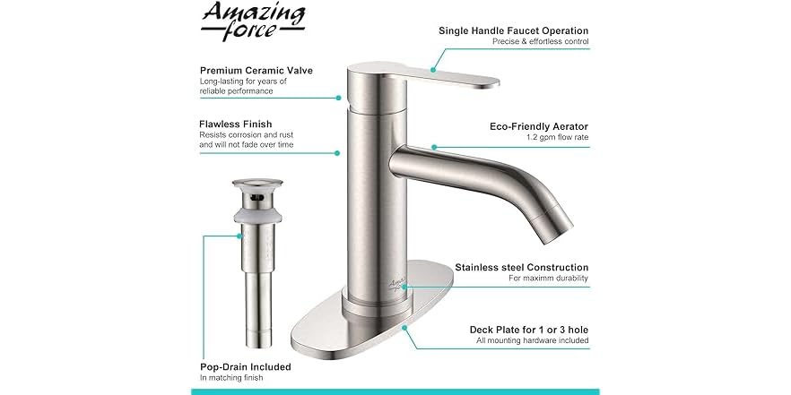 AMAZING FORCE Bathroom Faucet w/ Drain & Deck Plate