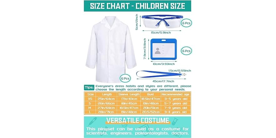 6 Set Lab Coat, Goggles & Card Holder