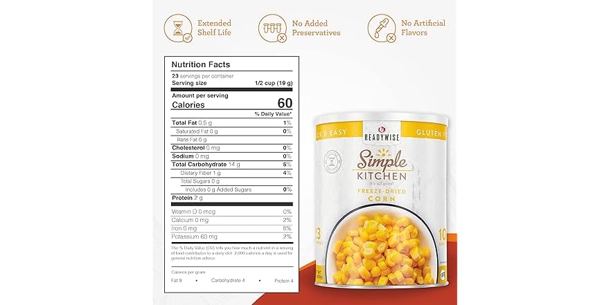 ReadyWise Freeze-Dried Corn, 23 Servings