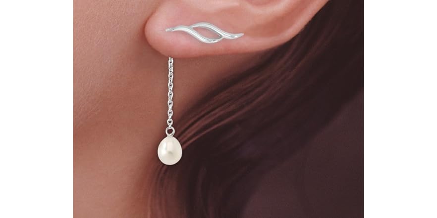 Silver Pearls Ear Pin Earring Dangle Set