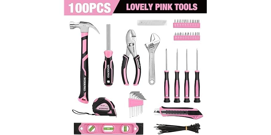 WORKPRO Pink Tool Set - 100 Pieces Pink Tool Kit