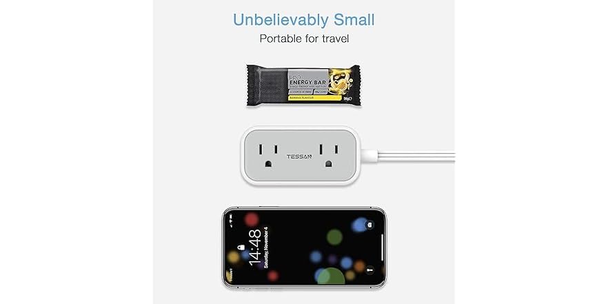 TESSAN 5ft Flat Plug Mini Power Strip (2 Outlets, 3 USB-A Ports)
