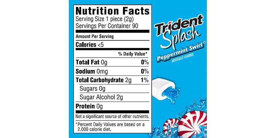 Trident Splash Peppermint Swirl Sugar Free Gum, 20 Packs of 9 Pieces ...