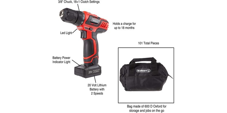 Stalwart 20V Cordless Drill with Accessories