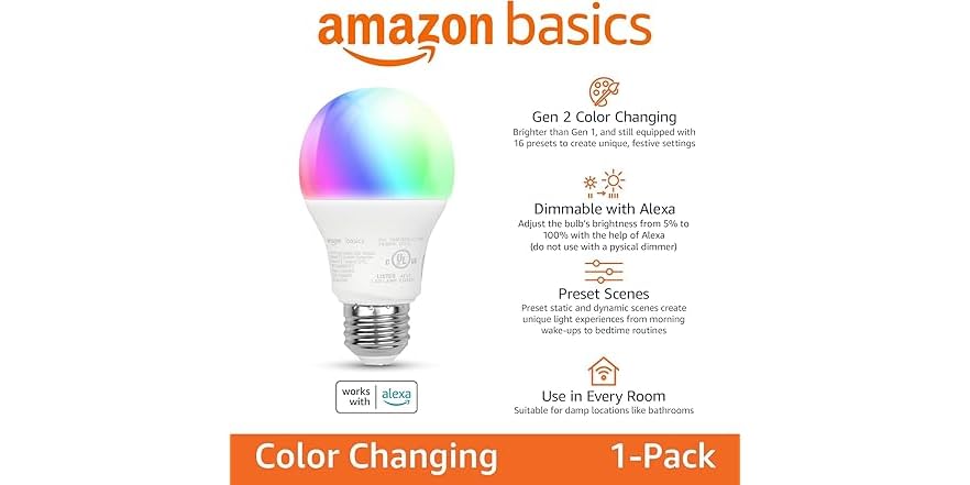 Amazon Basics Smart A19 LED Light Bulb, Color Changing