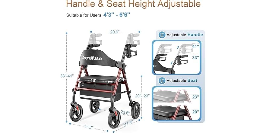 Soundfuse Rollator Walkers with Seat for Seniors, Foldable 8 (Open Box)