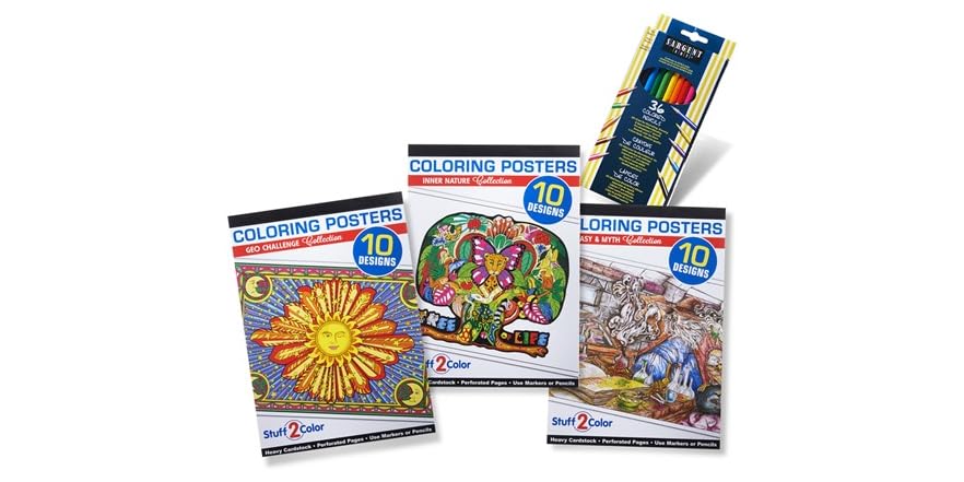 Stuff2Color 3 Coloring Books & 36-Pencil Bundle