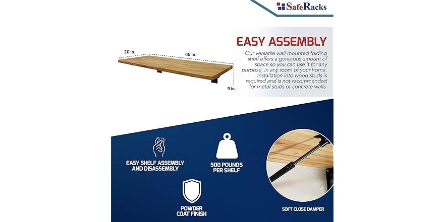 SafeRacks 48in x 20in Wall Mounted Folding Table