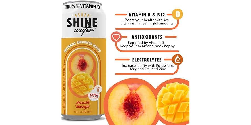 (12 Pack) ShineWater Vitamin D Hydration Electrolyte Drink Peach Mango