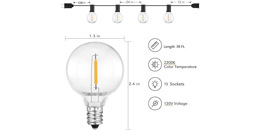 Brightown Outdoor String Lights 38FT- LED G40 Globe